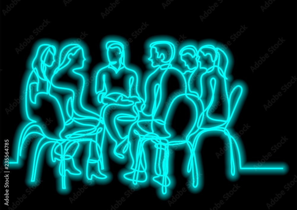 one line drawing of group of young people talking with neon vector ...