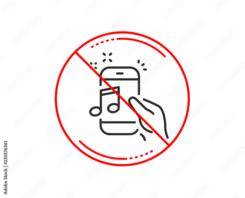 No or stop sign. Music in phone line icon. Mobile radio sign. Musical ...