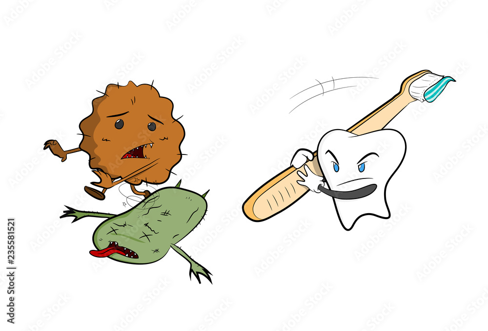 A hand drawn vector cartoon illustration of a tooth holding a ...
