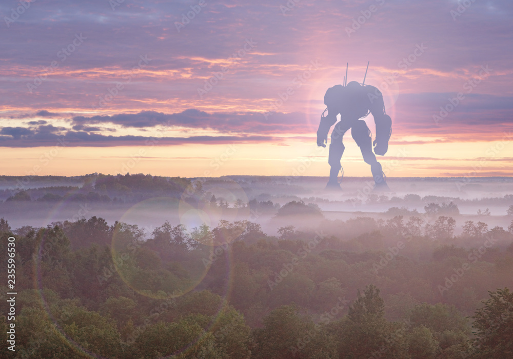Sci-fi military giant battle machine. Humanoid robot in apocalypse ...