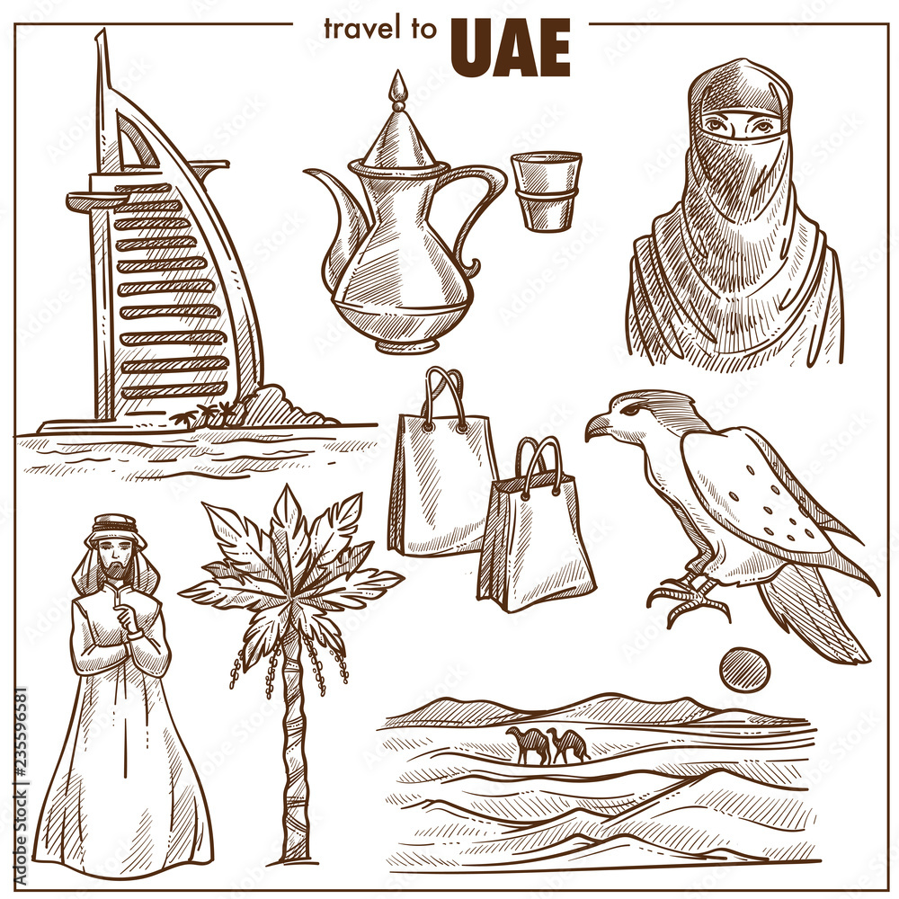 Arab Emirates Tourism Travel Sketch Landmarks And UAE Culture arab-emirates-tourism-travel-sketch-landmarks-and-uae-culture