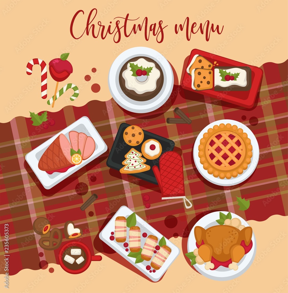 Christmas delicious traditional food on a table. Top view Stock Vector ...