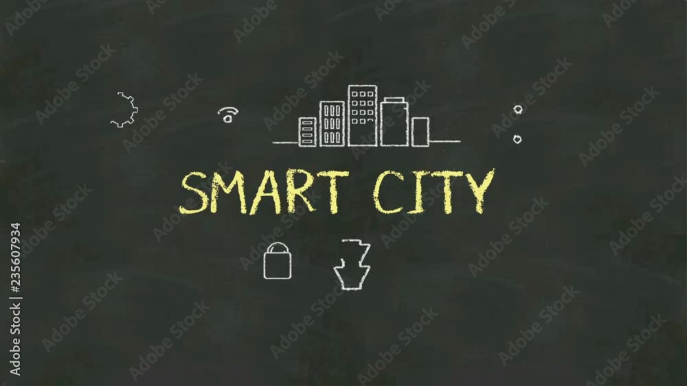 Chalk drawing of 'SMART CITY' and various connected smart city icon ...