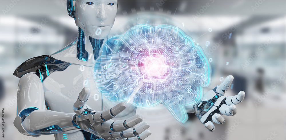 Robot creating artificial intelligence in a digital brain 3D rendering ...