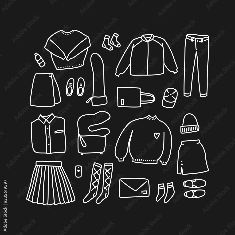 Lookbook line-art clothing doodles in black and white. Set of hand ...
