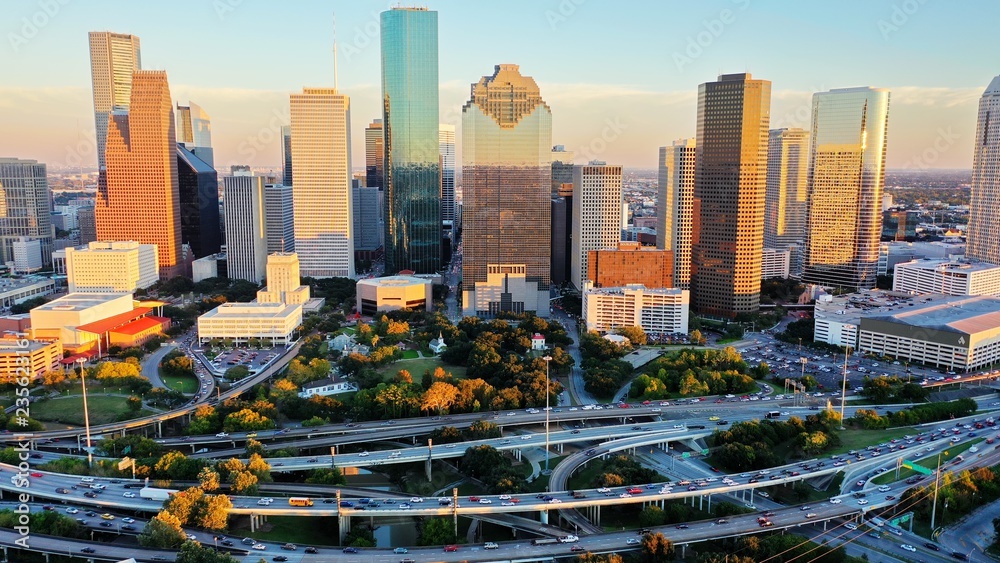 Houston's panoramic view of the downtown skyline, towering skyscrapers ...