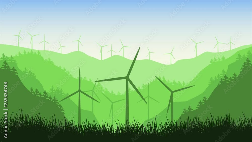 Wind turbines 2d animation on a mountains background in the forest. A ...