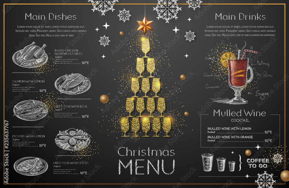 Christmas menu design with golden champagne glasses. Restaurant menu ...