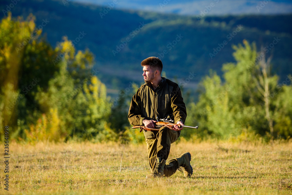 Man bearded hunter with rifle nature background. How turn hunting into ...