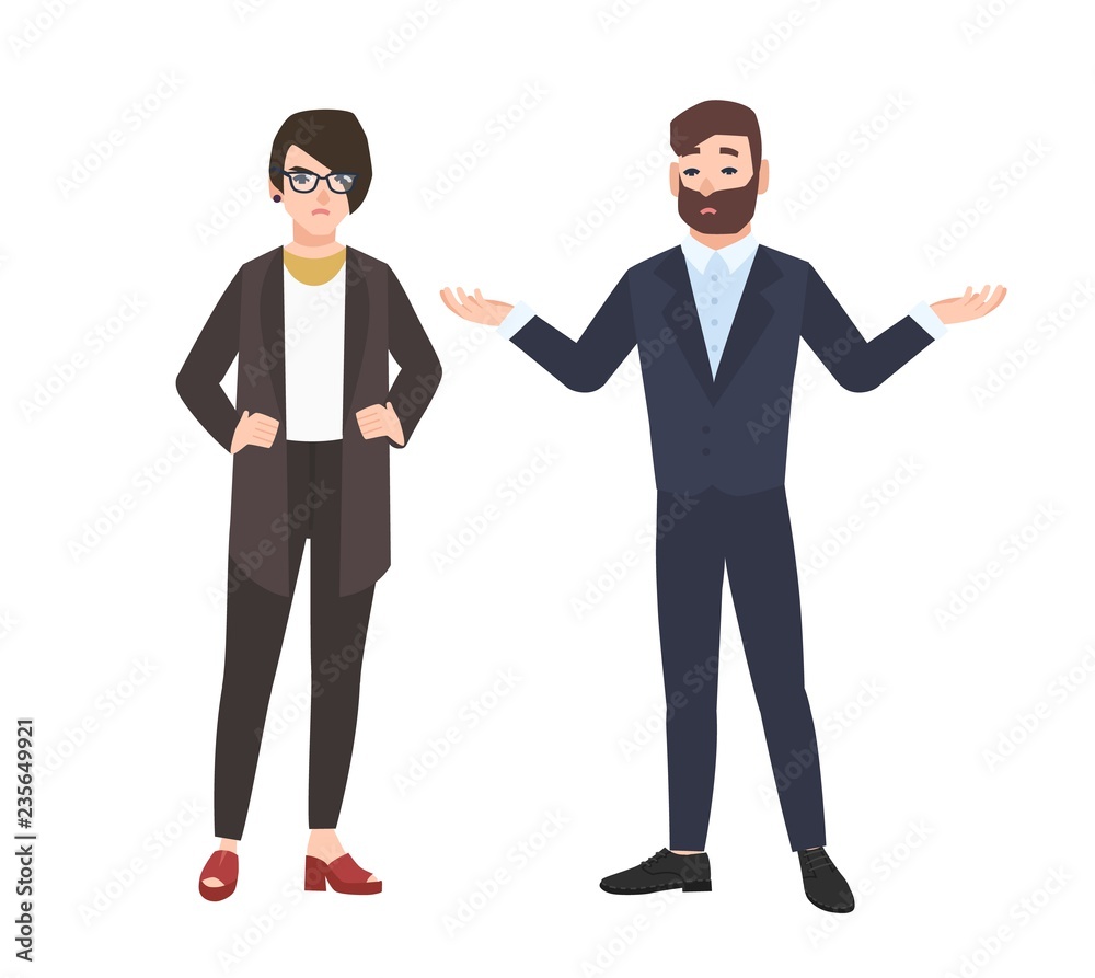 Grumpy female boss and male employee isolated on white background ...