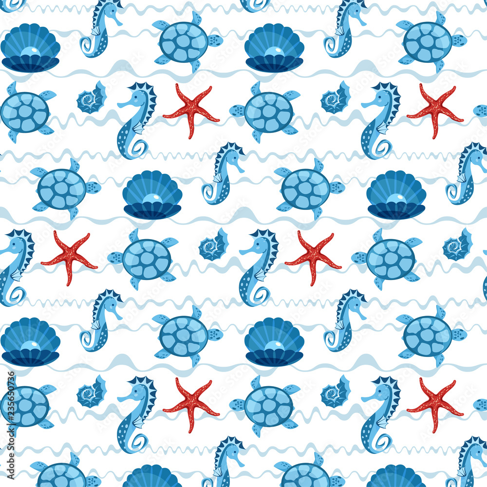 seamless pattern in children's style with sea creatures. In blue colors ...
