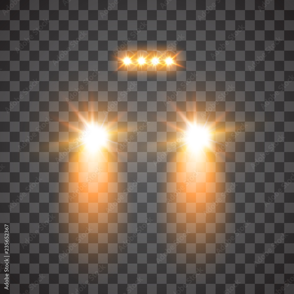 Cars flares light effect. Realistic white glow round car headlight ...