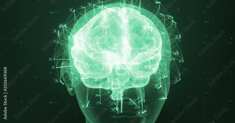 3D zoom render of a holographic digital style human brain conveying the ...