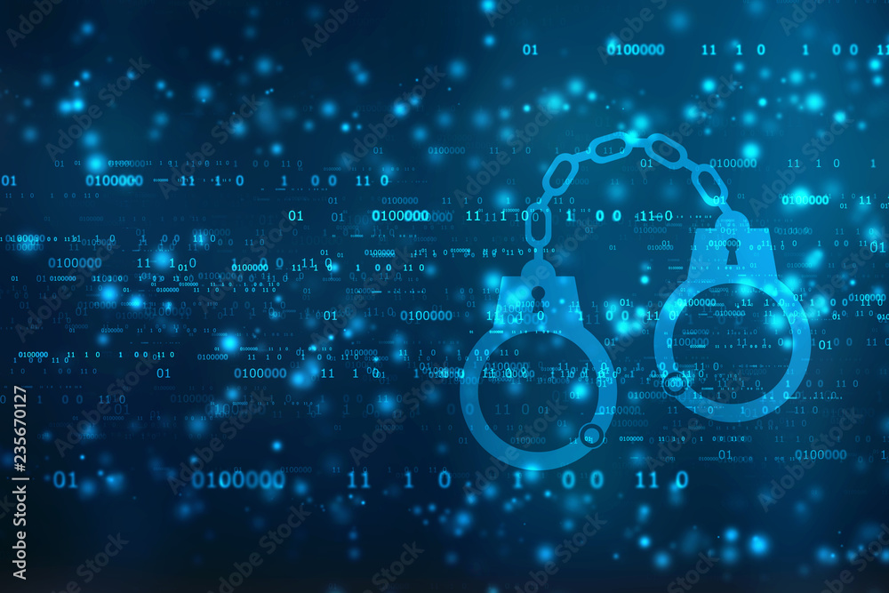 Cyber Security concept: pixelated handcuffs icon on digital background ...
