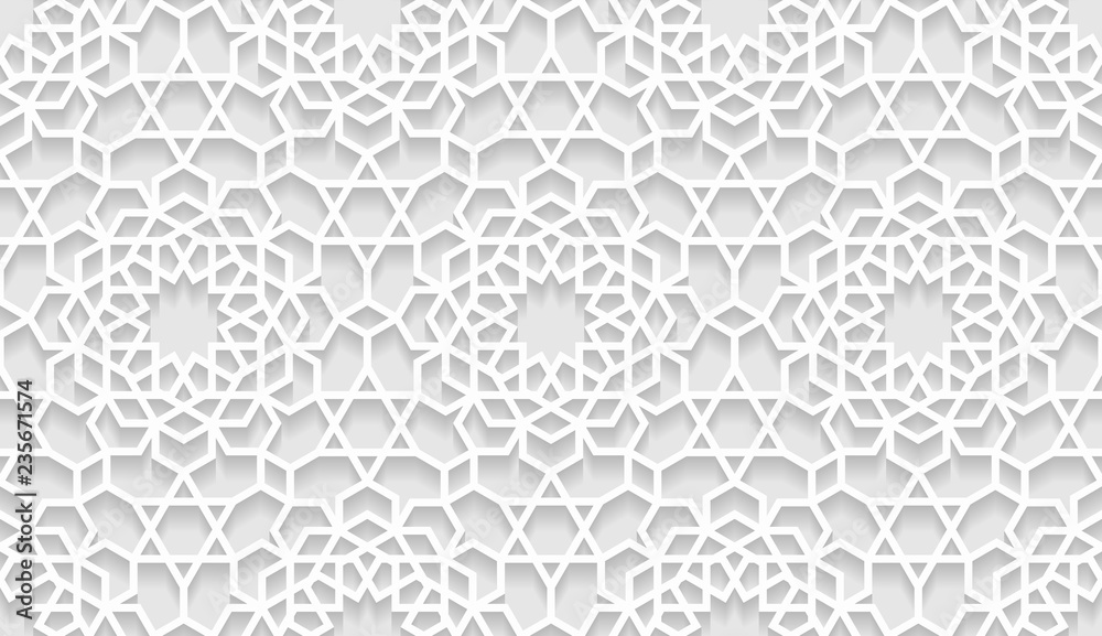 Vector seamless oriental pattern. White islamic volumetric pattern with ...