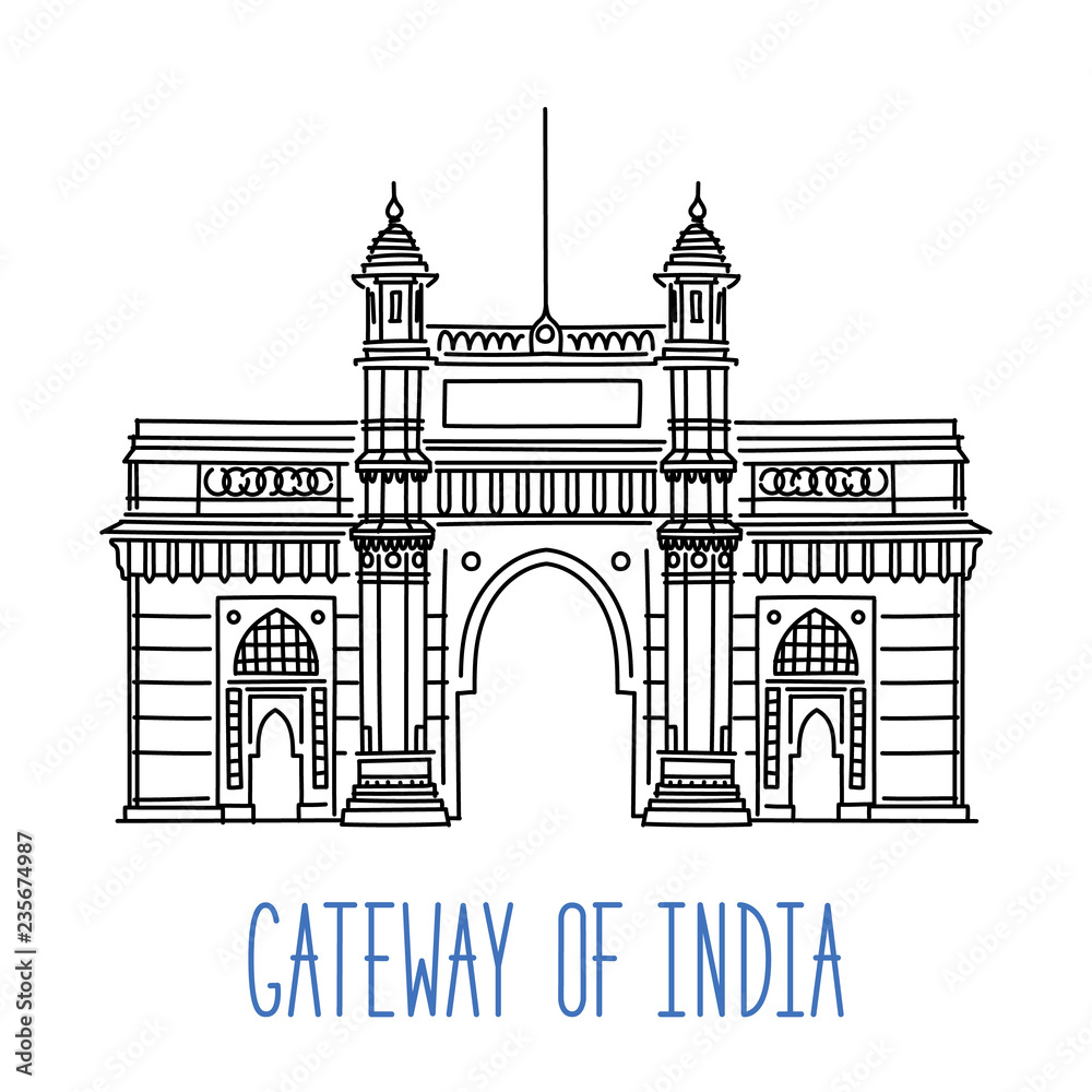 Gateway of India, Mumbai. Hand drawn outline vector illustration ...