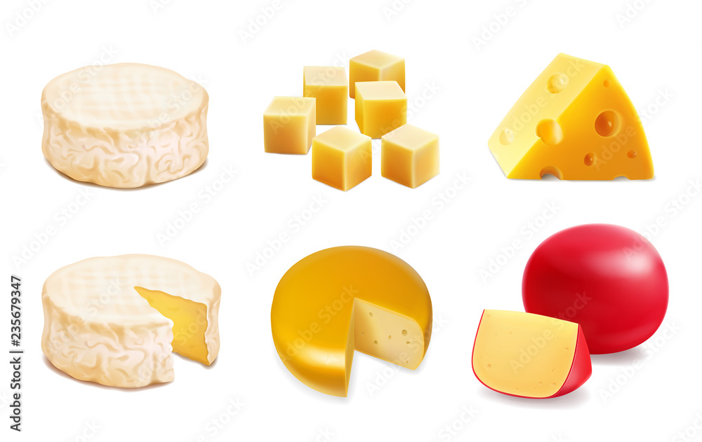 Cheese types. Realistic vector illustration icons of various kind of ...