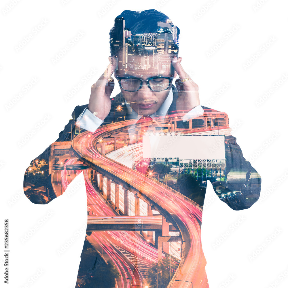 The double exposure image of the businessman seriously thinking overlay ...