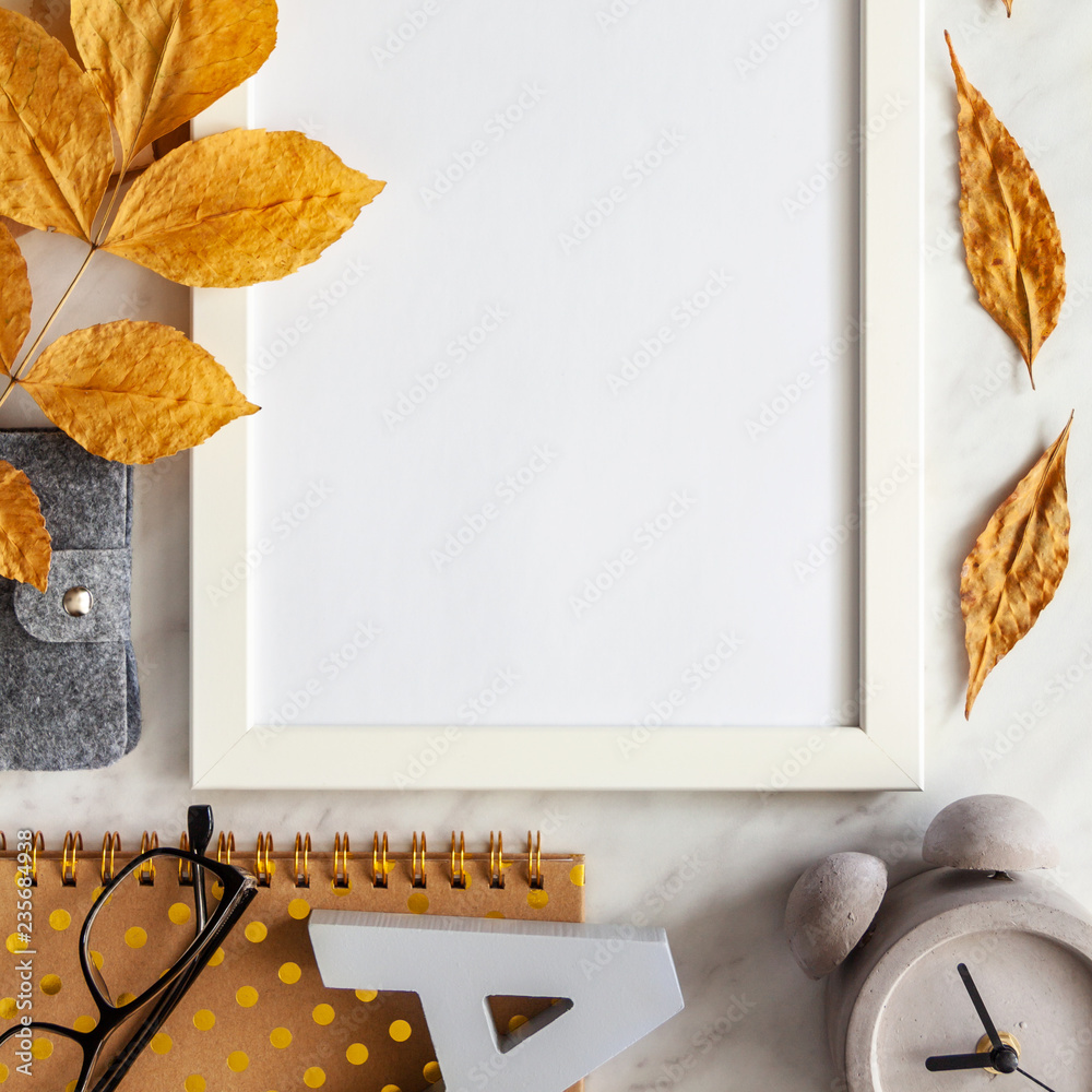 Autumn composition background. Artist home office desk workspace, frame ...