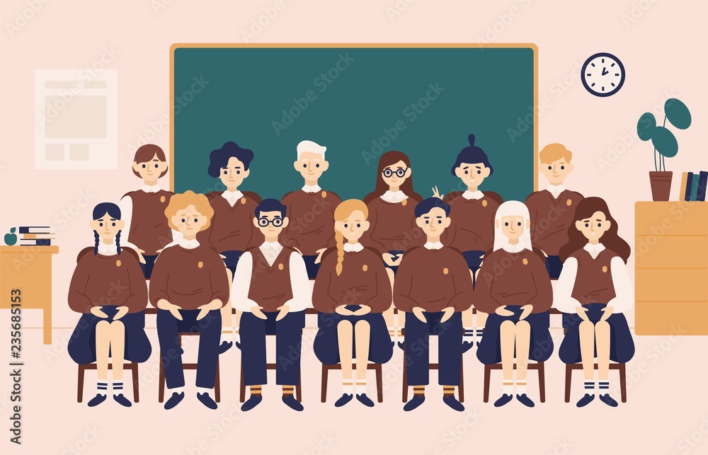 Class group portrait. Smiling girls and boys dressed in school uniform ...