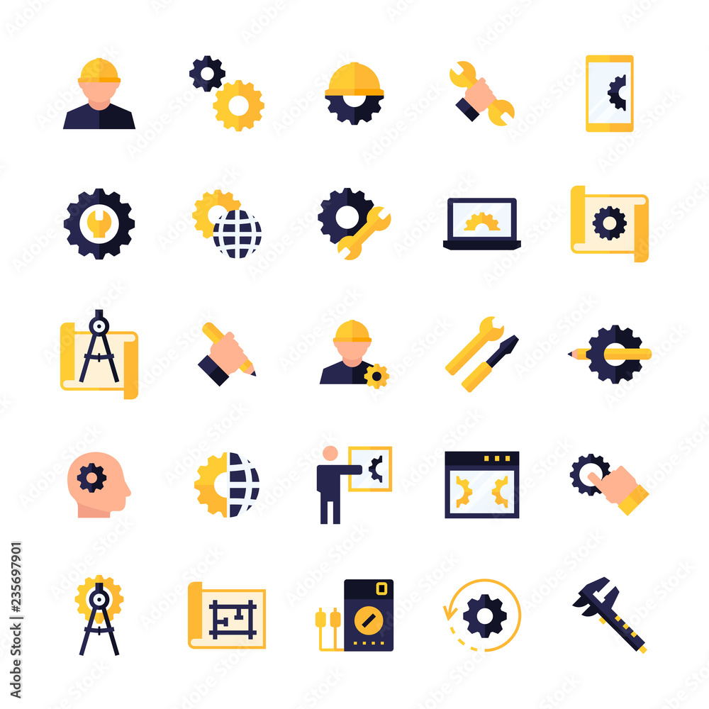 Engineering and manufacturing icon set in flat style. Vector symbols ...