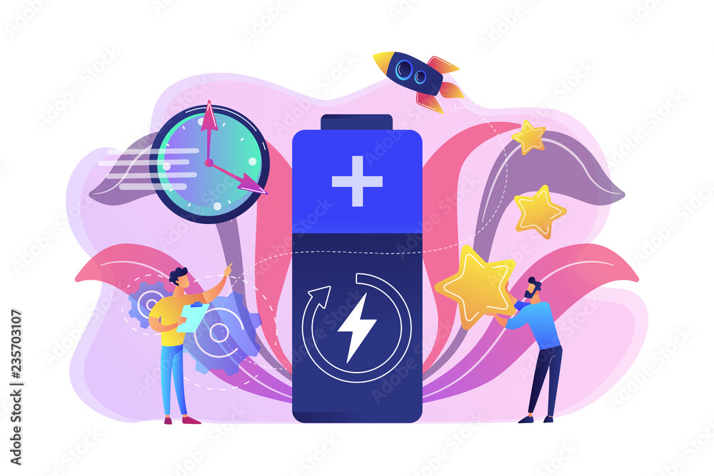 Engineers with battery charging, clock and stars with rocket. Fast ...