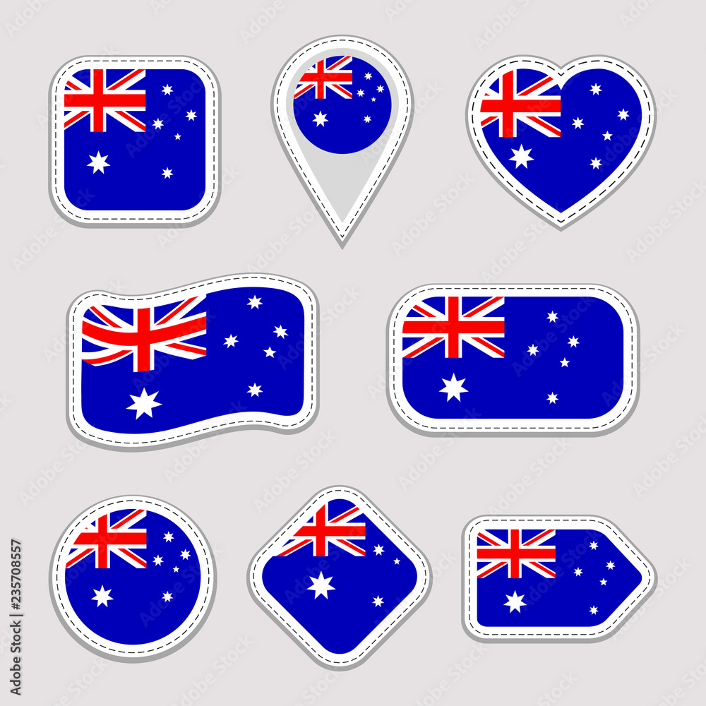 Australia flag stickers set. Australian national symbols badges ...