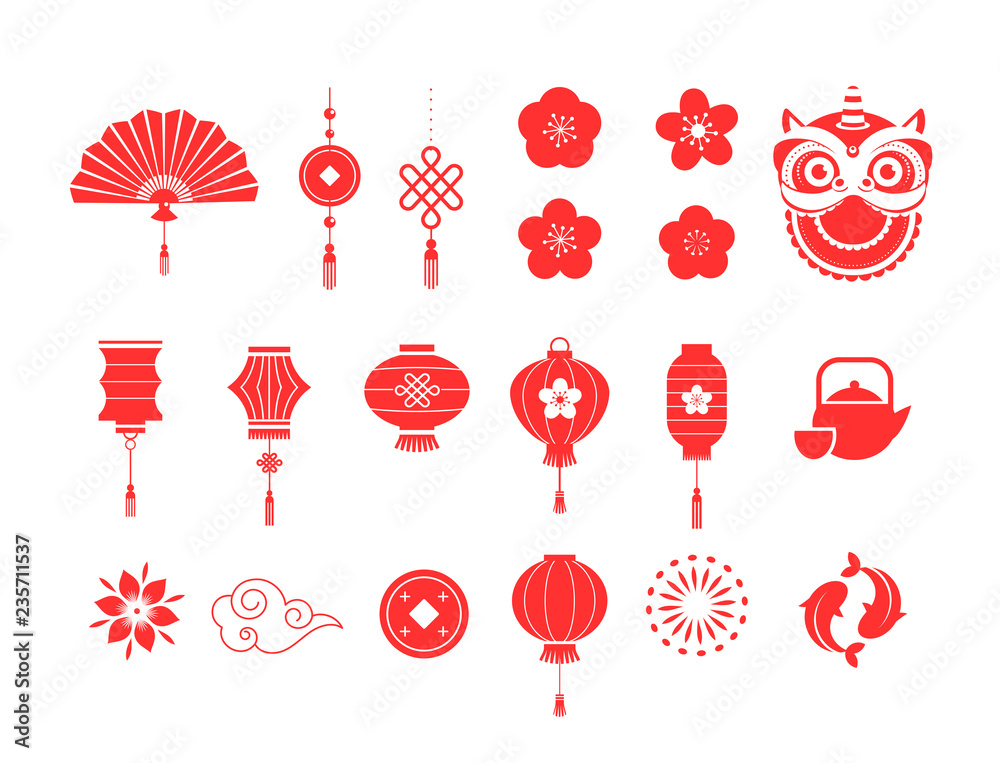 Chinese New Year red symbols and icons collection Stock Vector | Adobe ...
