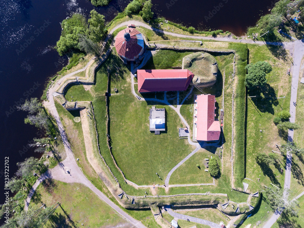 Top view at the Korela fortress with walls, buildings and inner yard ...