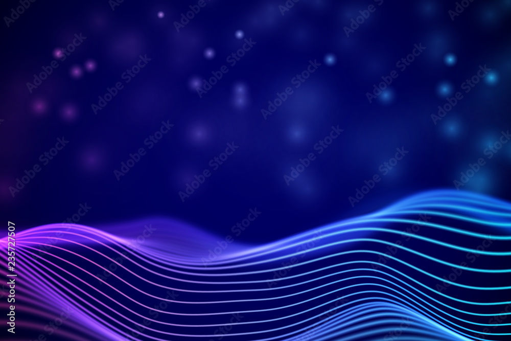 3D Sound waves with floating particles. Data abstract visualization ...