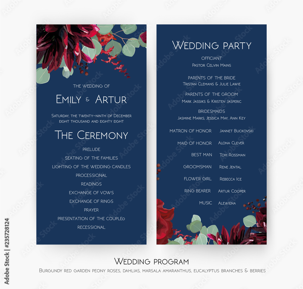Wedding party & ceremony program card design with Red rose flowers ...