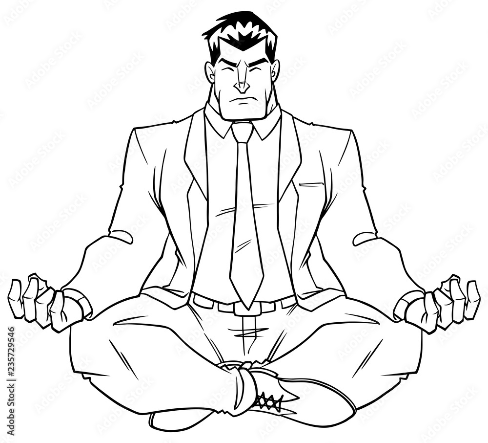 Line art full length front view of a business man meditating in lotus ...