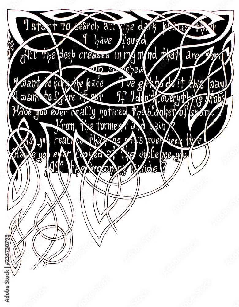 Text on a black background for ornamental patterns. Gel pen drawing ...