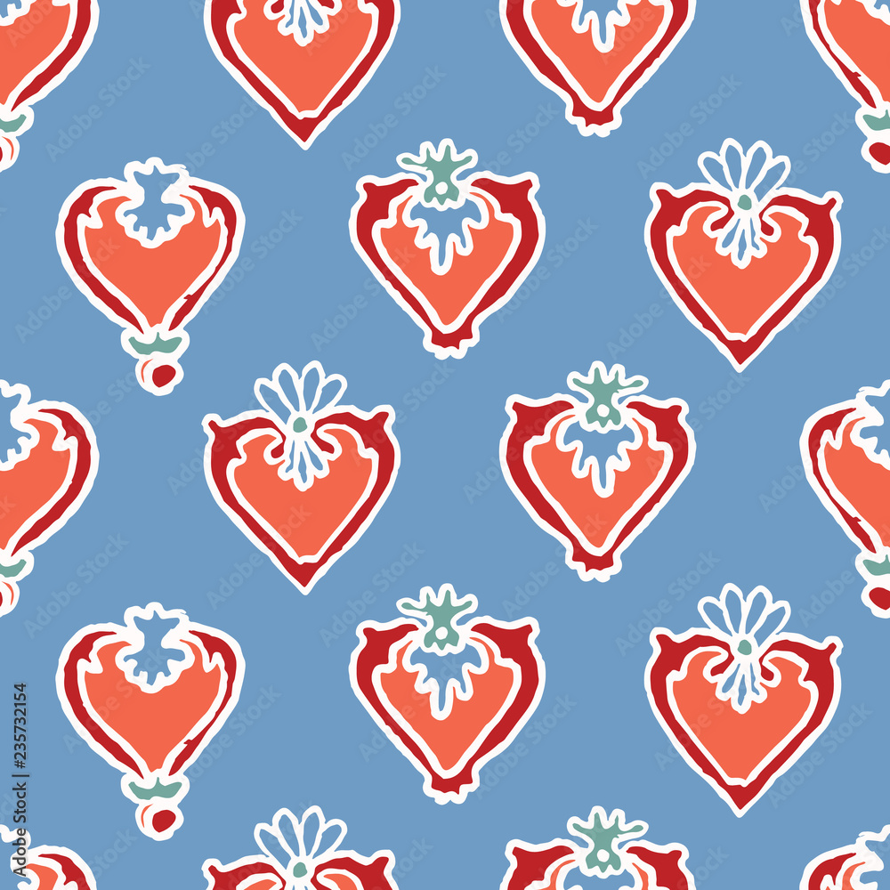 Valentines Heart All Over Print Vector. Colorful 1950s Style Folk Art ...