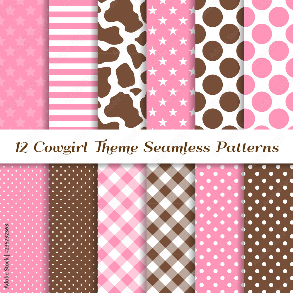 Cowgirl Theme Seamless Vector Patterns with Cow Skin Print, Pink and ...