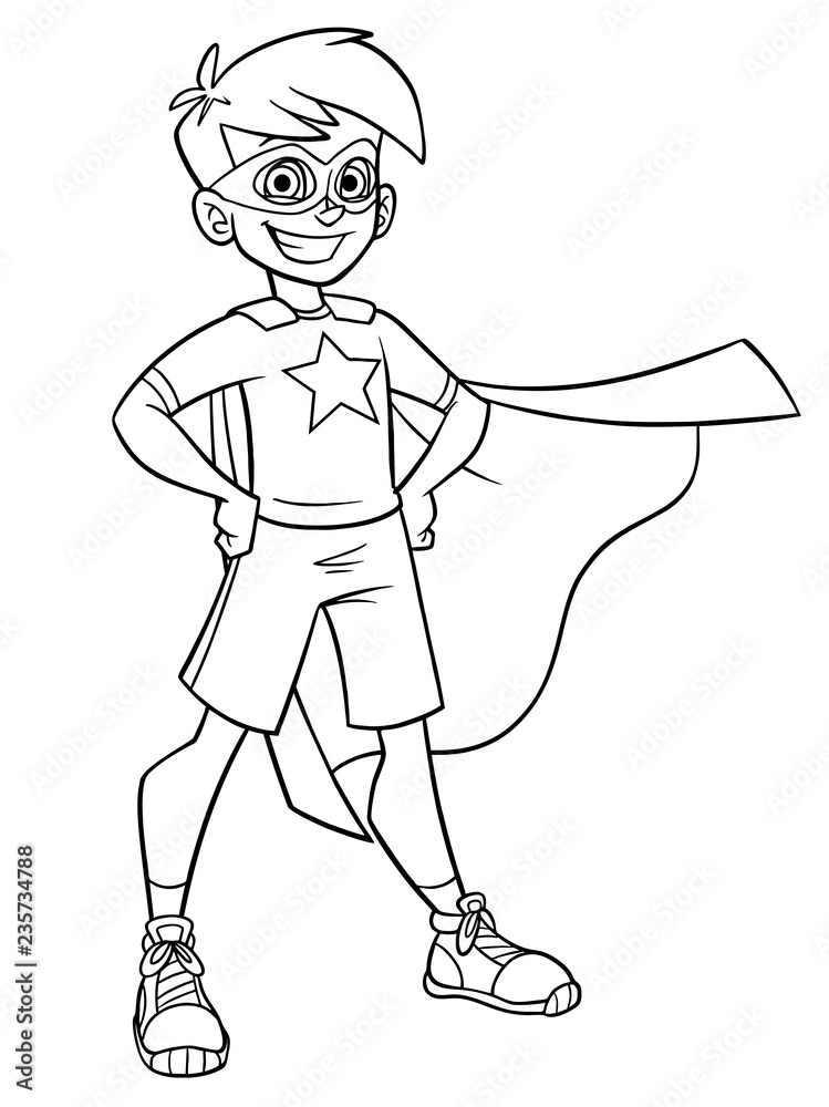 Line art full length illustration of superhero boy smiling happy while ...