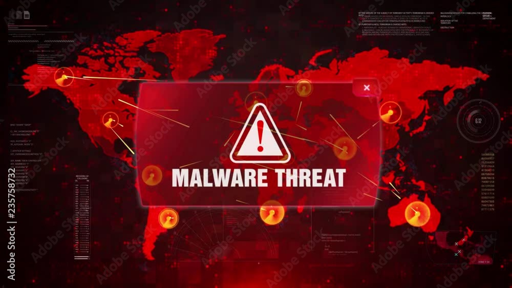 MALWARE THREAT Alert Warning Message Attack on World map. Wire frame Radar Network Seamless loop ...