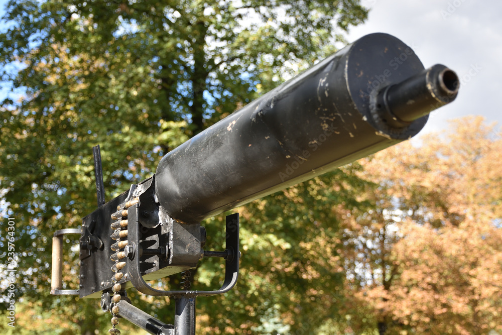 Vintage machine gun with water cooling from World War I, closeup Stock ...
