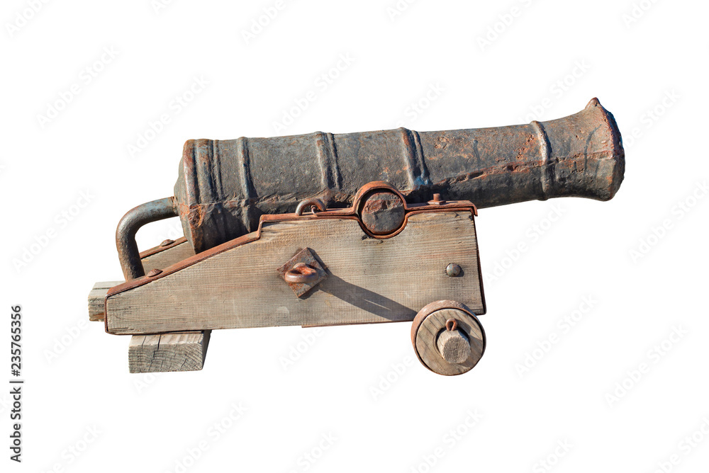 Old medieval artillery canon on white background. Old cast iron cannon ...