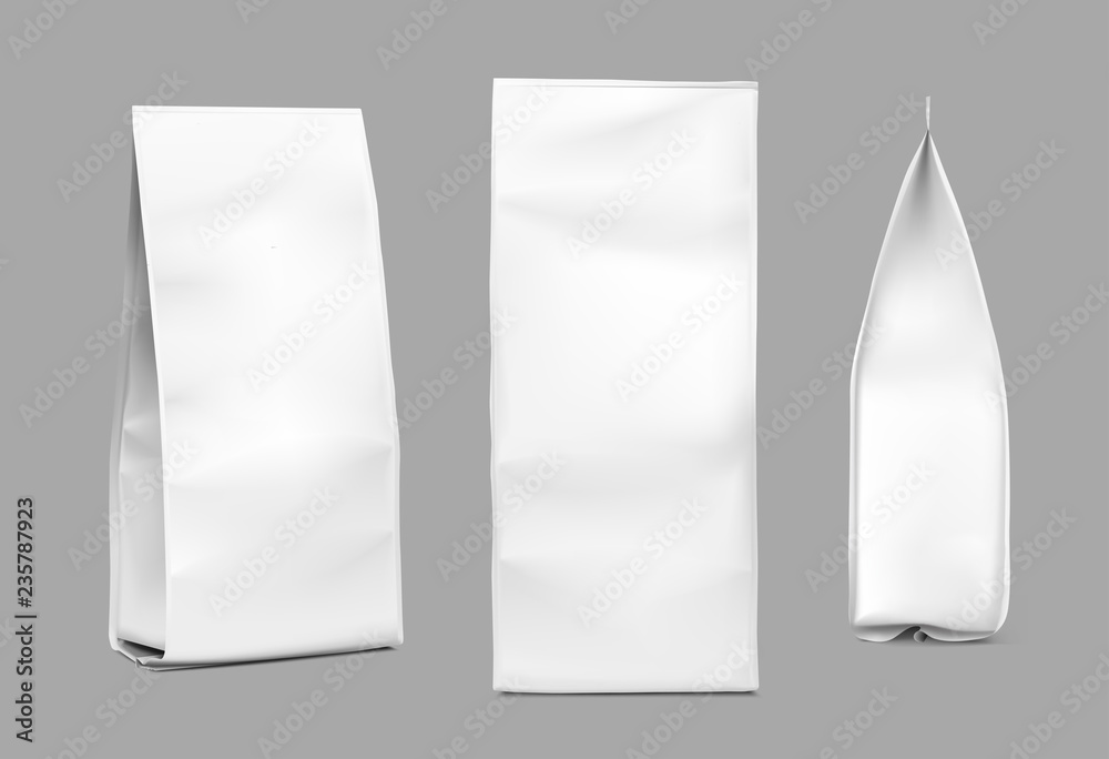 Realistic vertical bag mockups. Packaging from different angles. Front ...