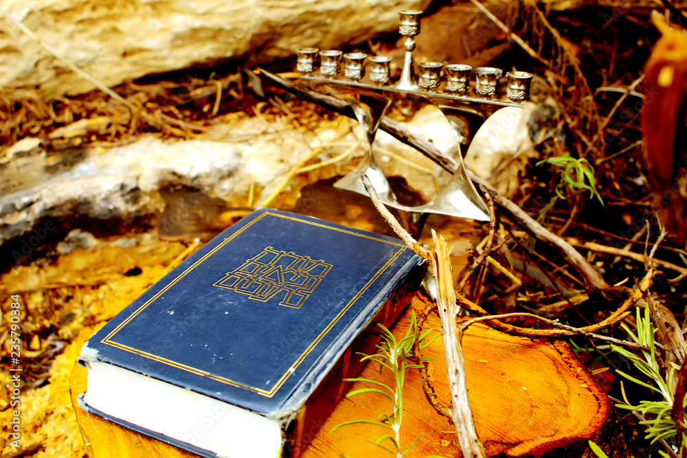 Hebrew Bible Tanakh (Torah, Neviim, Ketuvim) and Jewish candlestick ...