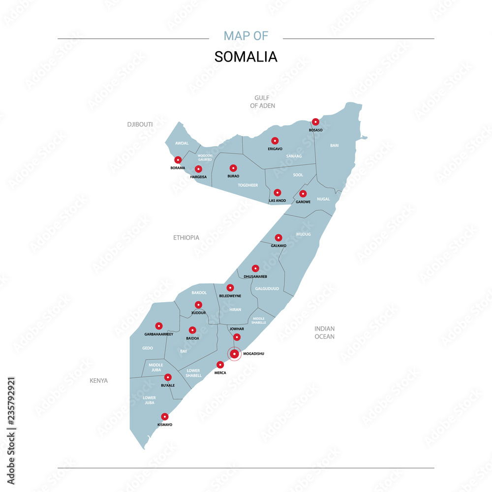 Somalia vector map. Editable template with regions, cities, red pins ...