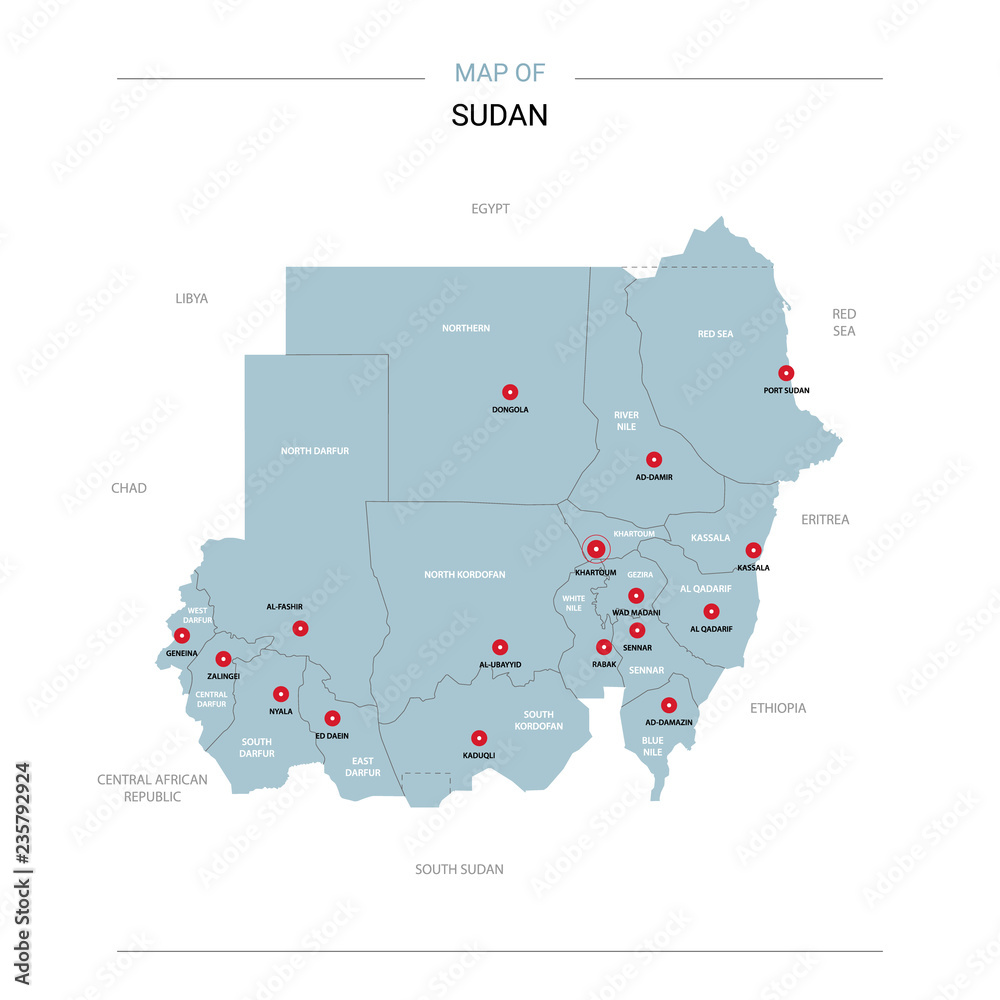 Sudan vector map. Editable template with regions, cities, red pins and ...
