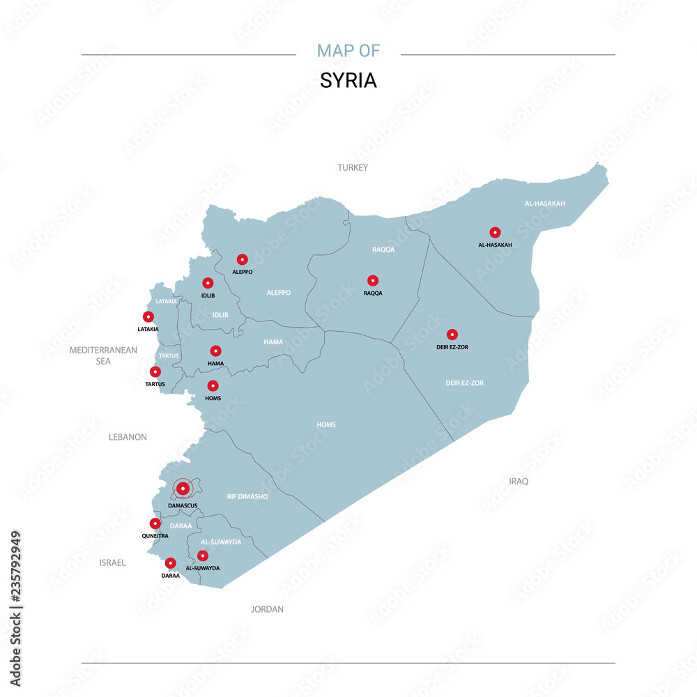 Syria vector map. Editable template with regions, cities, red pins and ...