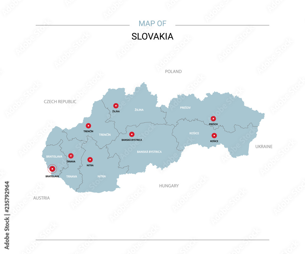 Slovakia vector map. Editable template with regions, cities, red pins ...