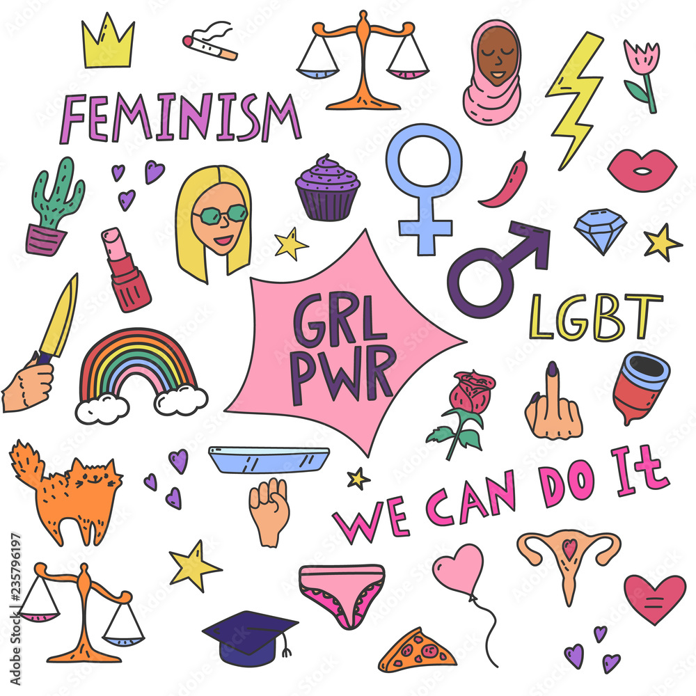 Big simple feminism set with protest symbols and text. Vector color ...