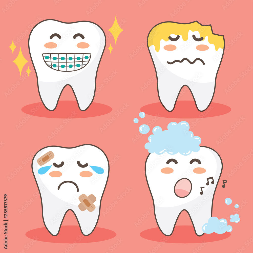 Vector character happy and funny teeth set. illustration doodle drawing ...