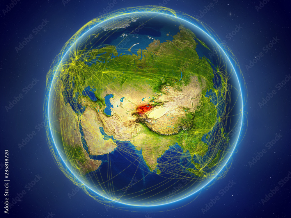 Kyrgyzstan From Space On Planet Earth With Digital Network Representing