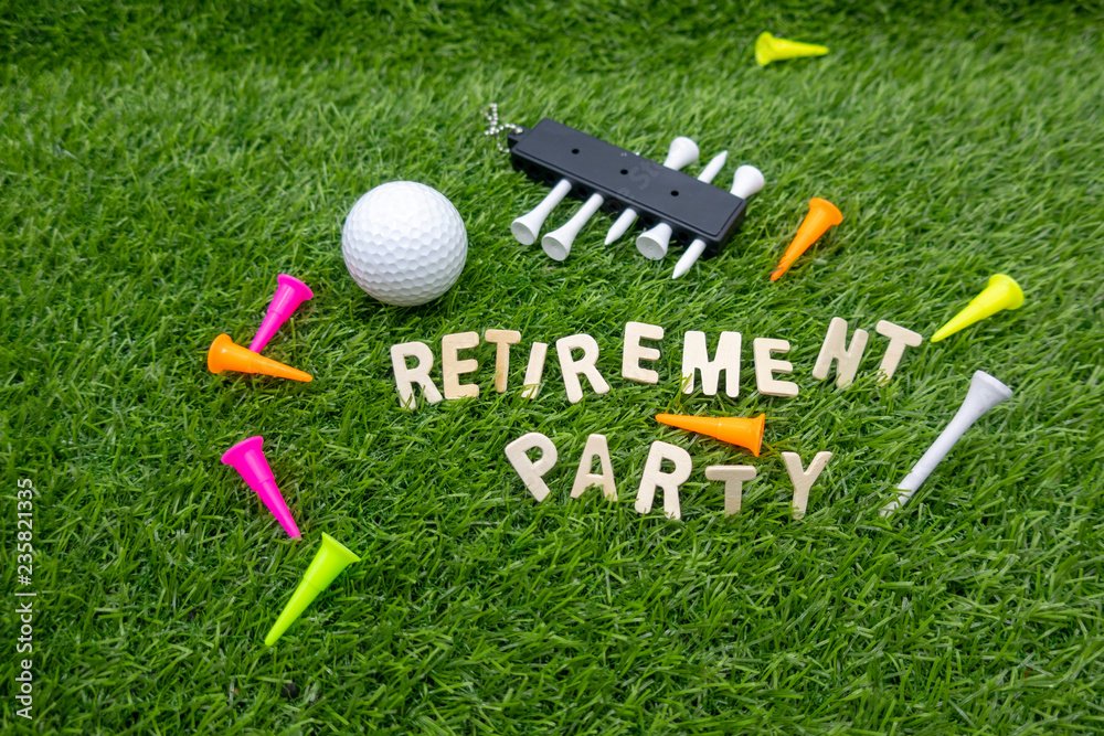 Golf retirement party invitation with golf ball and tees on green grass ...