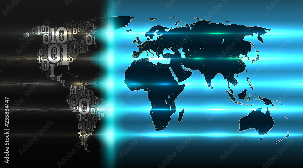 World map from a binary code with a background of abstract circuit ...